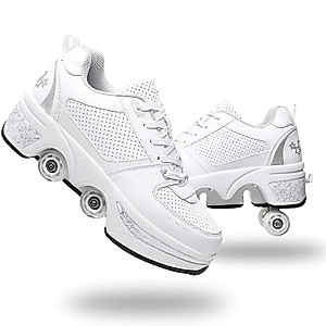 Double-Row Deform Wheel Automatic Walking Shoes Invisible Deformation Roller Skate 2 in 1 Removable Pulley Skates Skating Parkour (White Silver, US8.5)