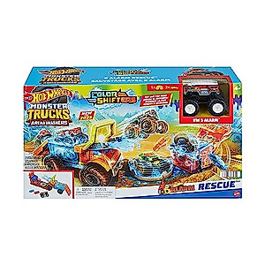 Hot Wheels Monster Trucks Arenabeukers Color Shifters 5 Alarm Rescue with 1 Color Shifter Monster Truck, 2 Color Shifter Demolition Cars and 1 Detachable Trailer, HPN73