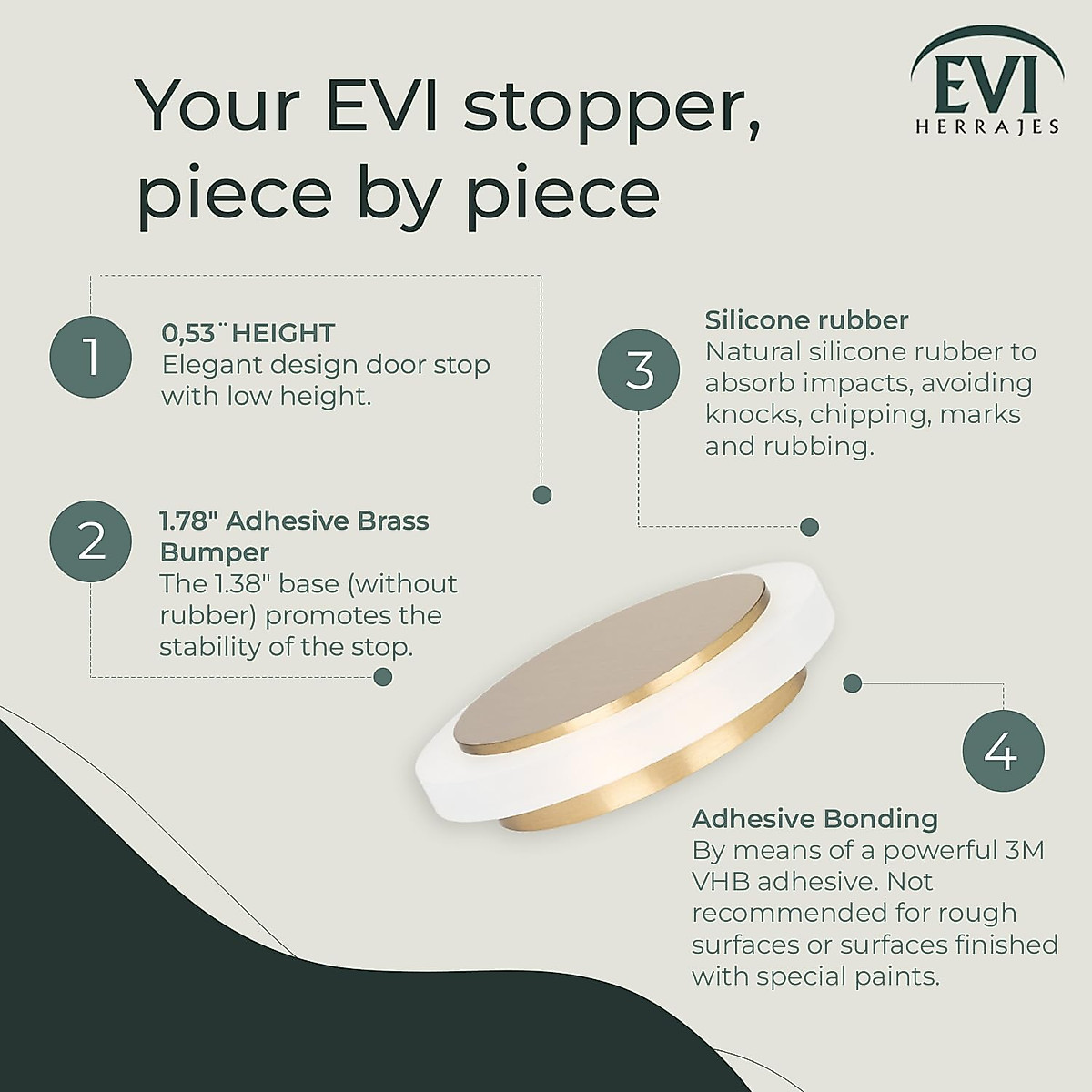 EVI | Adhesive Doorstop | 1.37'' X 0.55'' | Natural Silicone | Great Adherence | 100% Functional | Mod. I-203x12 (Brass Matte - White Rubber)