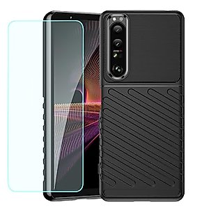 DFTCVBN Phone Case for Xperia 1 III Case, Sony 1 III XQBC62/V Case with Screen Protector, Military Grade Shockproof Rugged Shield Anti-Scratch Soft TPU Back Cover Cases for Sony Xperia 1 III Black