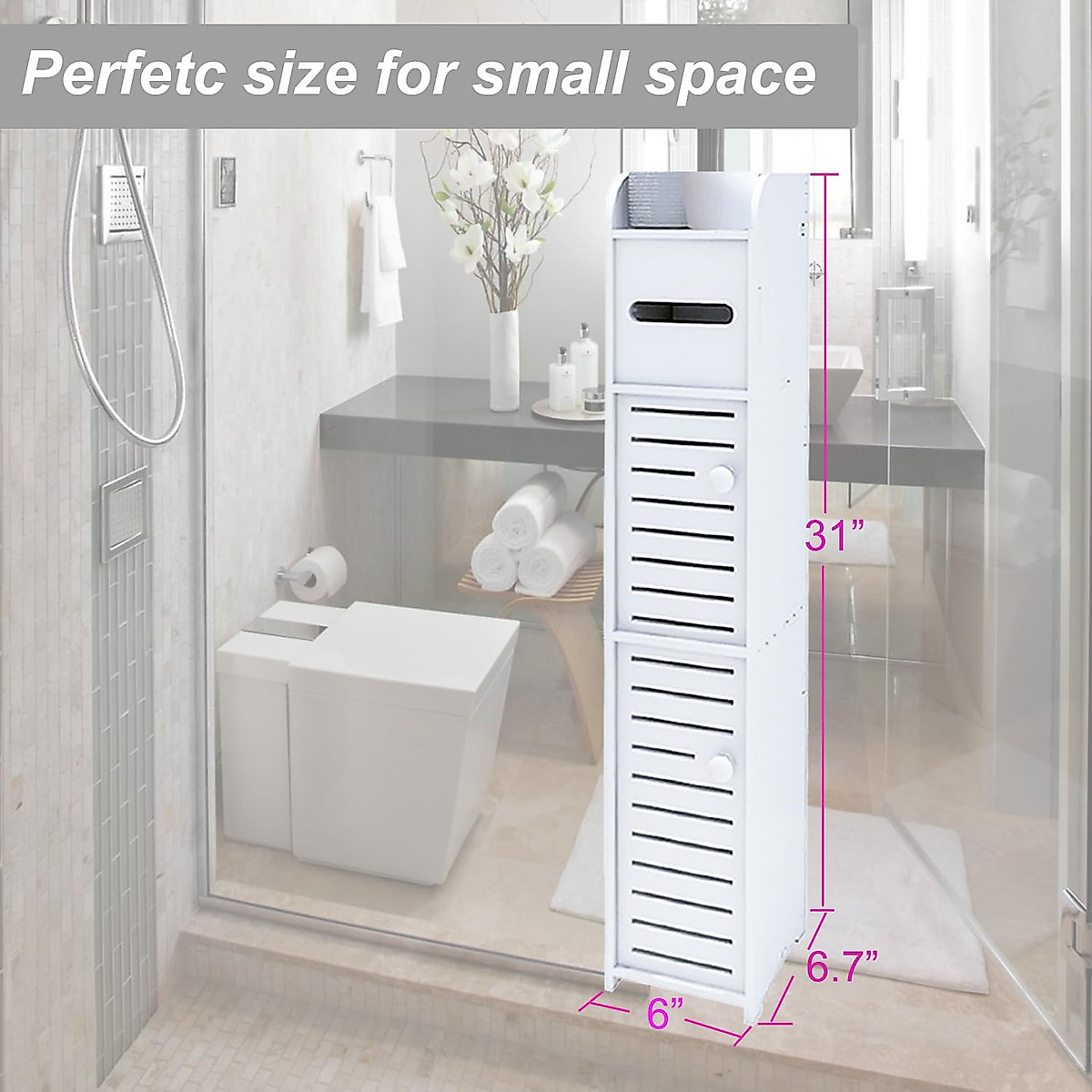 Sworae Small Bathroom Storage Cabinet for Small Spaces, Over The Toilet Storage Cabinet for Skinny Bathroom Floor, Slim Toilet Paper Storage Cabinet with Double Doors & Shelves - White