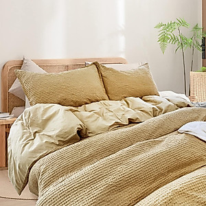 Fredesign Cotton Duvet Cover Queen Size - 100% Cotton Waffle Weave Yellow Duvet Cover Set, 3 Pieces, 1 Duvet Cover with Botton Closure (90" x 90") and 2 Pillow Shams - Comforter Not Included