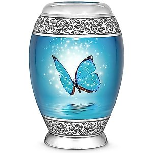 Malaika Memorials Blue Butterfly Urn - Adult Cremation Urn for Human Ashes Women/Men - Cremation Urns for Ashes Adult Female/Male - Funeral Urns for Mother, Dad or Other Loved One up to 200 lbs