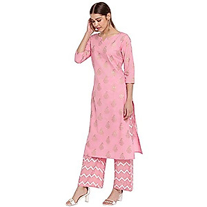 Janasya Women's Pink Foil Printed Cotton Kurta with Palazzo