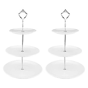 Tebery 2 Pack Ceramic Cake Stand Dessert Display Tower Stand - 6, 8, 10 Inches, 3-Tier Serving Tray Platter Party Food Server Display Holder with Silver Carry Holder