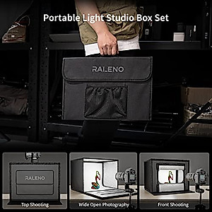 RALENO® 24W Photo Studio Light Box, 16'' x 12'' x 12'' Portable Photography Tent with 5500K Daylight Bulbs, 94 CRI, and 80 LED Beads, Includes 4 PVC Anti-Dust Backgrounds (Black, Grey, Orange, White)