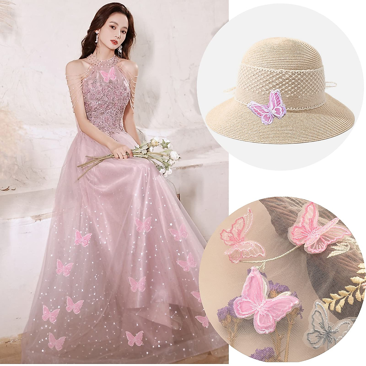 30 Pcs Pink Lace Butterfly Applique Embroidery,Organza Butterfly Patches Appliques for Clothes,for Wedding Bridal Dress Craft DIY Clothes Hair Ornaments Dress/Hat/Bag Decoration