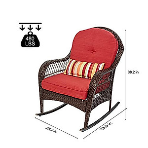 Sundale Outdoor Rocking Chair, Patio Wicker Rocker Chair with Olefin Cushions and Pillow, Rocking Lawn Chair Wicker Patio Furniture - Steel Frame, Brown, Red