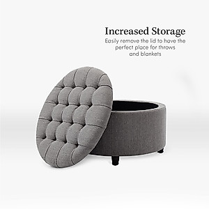 Modern Round Ottoman Footrest Stool - Luxurious Button Tufted Covered Seat w/Removable Top for Storage - Easy Assembly Accent Furniture Perfect for Use in Any Room - Grey Color