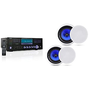 Pyle 4-Channel Wireless Bluetooth Power Amplifier Home Audio Receiver Bundle with Pyle Home 2-Way in-Wall in-Ceiling Speaker System