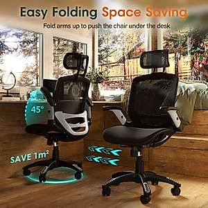 GABRYLLY Ergonomic Mesh Office Chair, High Back Desk Chair - Adjustable Headrest with Flip-Up Arms, Tilt Function, Lumbar Support and PU Wheels, Swivel Computer Task Chair