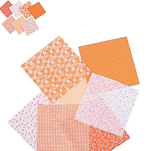 14Pcs Cotton Craft Fabric, Quilting Patchwork Fat Quarter Bundles Quilt Sewing Orange Floral Fabrics for Craft DIY, 25x25cm