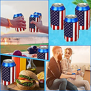 24 Pcs Summer Can Cooler Sleeves Reusable Usa Flag Can Cooler Collapsible American Flag Can Covers for Beer DIY Neoprene Beer Bottle Cooler Insulation with Stitches for Drink Holder Party, 12 oz
