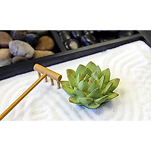 Nature's Mark Mini Zen Garden Kit for Desk with Rake, White Sand, Lotus Figure, 3 Sections Black Square Base, River Rocks and Black Rocks (9Lx9W C)