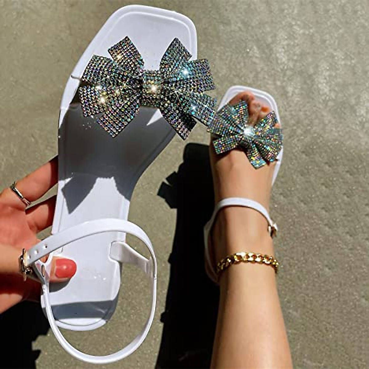 Nine Sandals for Women Size 5 Women Shoes Fashion Bright Diamond Bowknot Bright Diamond Sandals Flash Diamond One Foot (White, 6.5)