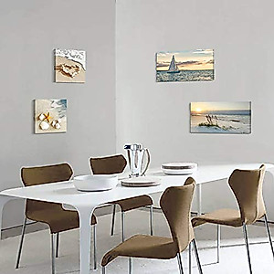 Hardy Gallery Beach Picture Sunset Canvas Art: Seascape Painting with Sailboat & Coastal Conch Artwork Wall Art for Bedroom (24'' x 12'' x 2 Panels + 12'' x 12'' x 2 Panels)