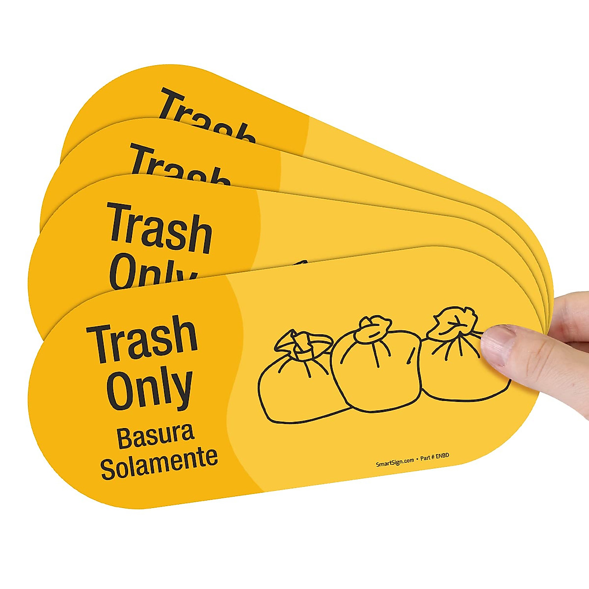 SmartSign (Pack of 4) 3.75 x 9 inch “Trash Only - Basura Solamente” Bilingual Sticker Labels with Symbol, 5 mil Laminated Polyester with SuperStick Adhesive, Yellow and Black