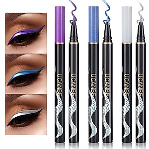 UCANBE 3 Color Metallic Glitter Waterproof Liquid Eyeliner Set for Eye Makeup, Silver Blue Purple Colored Eye Liner Pen, Pigmented Long Lasting Colorful Eye Liner, Makeup Gift Kit for Women