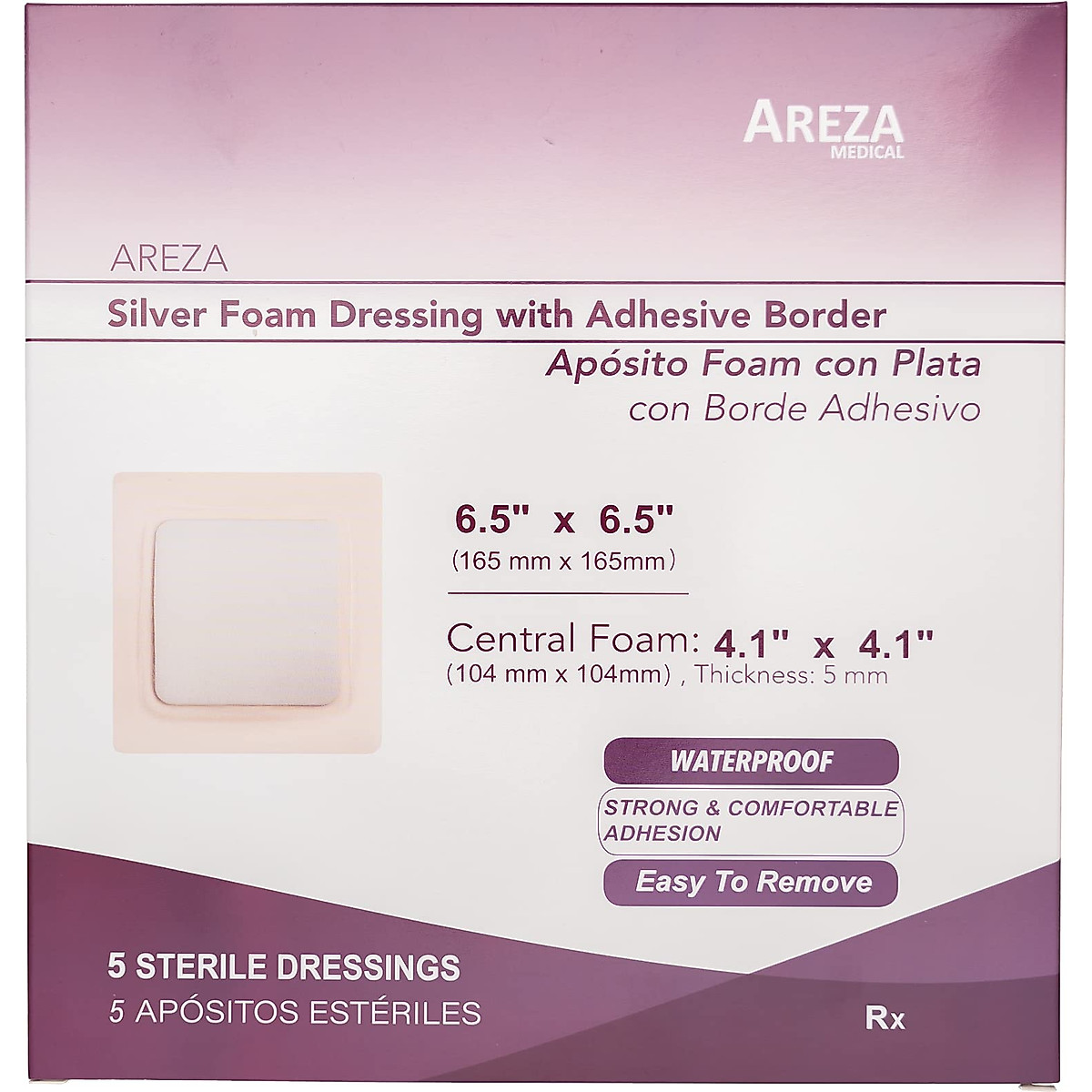 Silver Foam Dressing with Border 6.5″ X 6.5″ Central Foam 4.1" x 4.1" Sterile 5 Dressing per Box (1)
