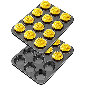 CHEFMADE 12 Cups Muffin Pan Set, 2 Packs Bakeware Non-Stick Cupcake Baking Pan Heavy Duty Carbon Steel Pan Muffin Tins Standard Baking Mold for Cakes
