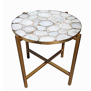 Natural White Agate Stone Round 24" x 24" Inch Table with Gold Foil Border & Metal Base, White Agate Stone Coffee Table & Metal Stand, White Agate Coffee Table, Piece Of Conversation, Family HeirLoom