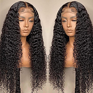 Momaksa Water Wave Lace Front Wig Human Hair 13x4 HD Transparent Water Wave Wig 180% Density Natural Black 22 Inch