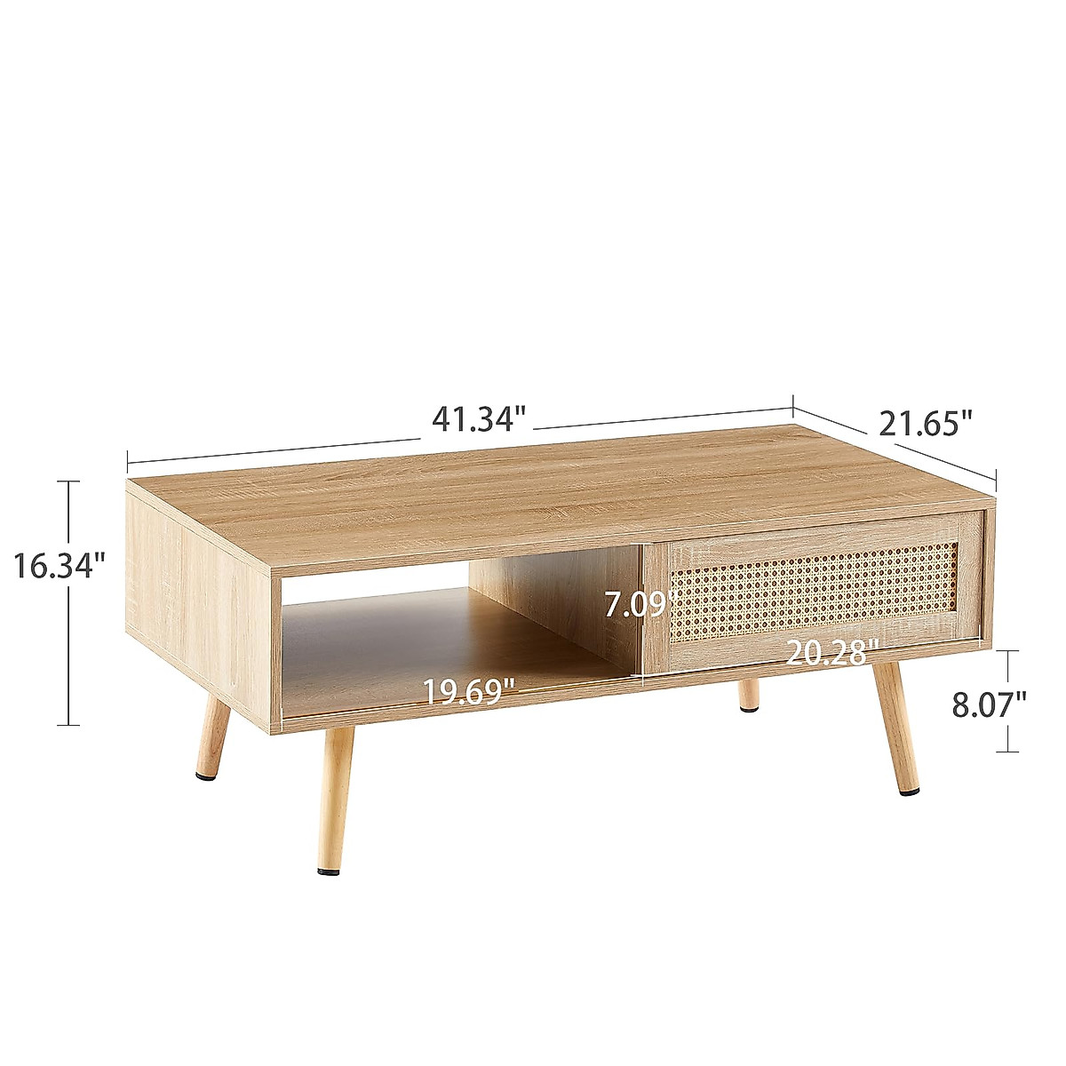 Modern Rattan Coffee Table with Sliding Door Storage, 41.3 Inch Small Wood Coffee Table with Solid Wood Legs, Boho Coffee Tables for Living Room