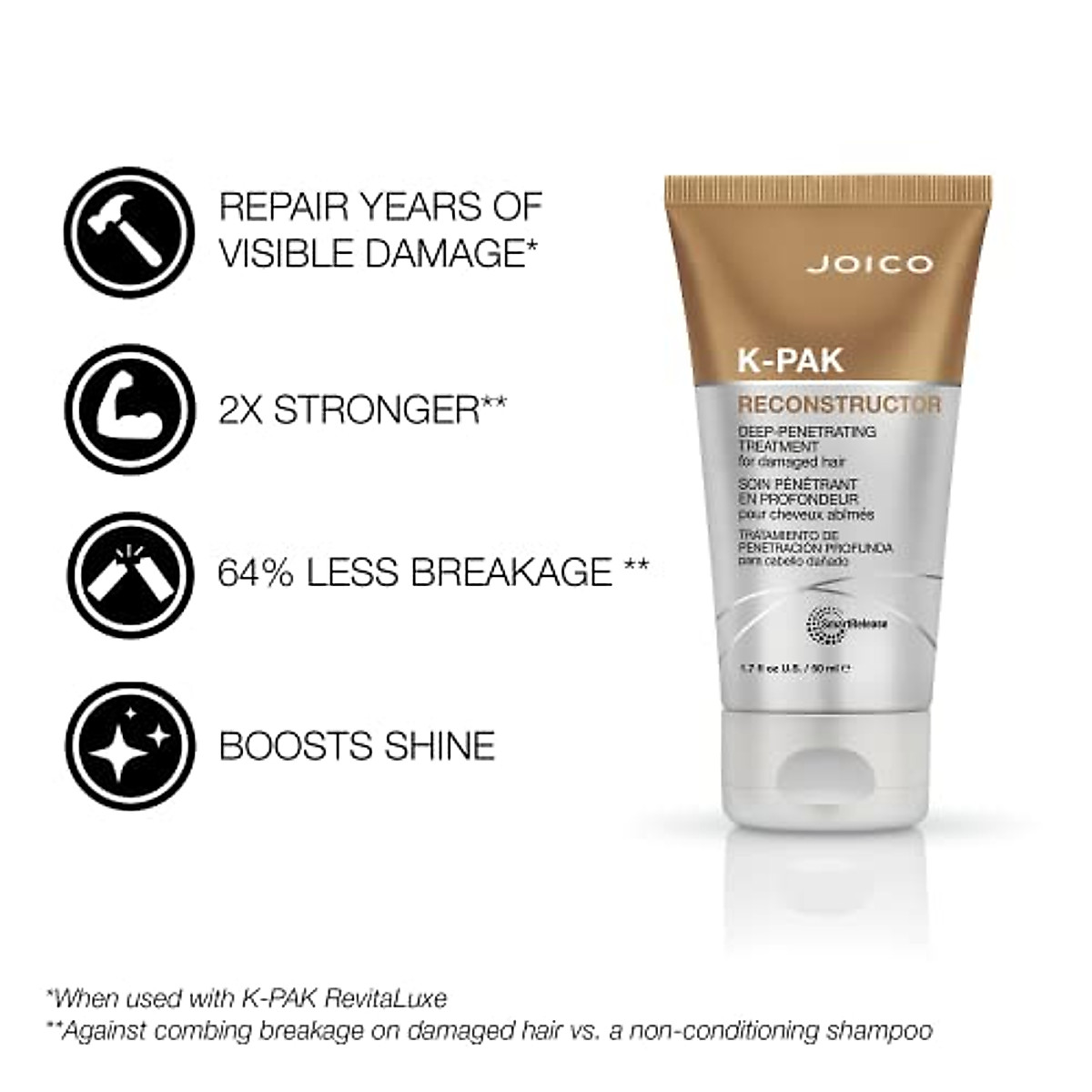 Joico K-PAK Reconstructor Deep-Penetrating Treatment | For Damaged Hair | Repair & Strengthen Strands | Rebuild & Fortify Damaged Hair | Improve Elasticity | With Keratin & Arginine | 1.7 Fl Oz