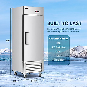 FRICOOL Commercial Refrigerator with Single Solid Door, 23 cu.ft Stainless Steel Reach-in Merchandiser Upright Freezerless Refrigerator for Restaurant, Bar, Shop, Residential Beverages and Drinks