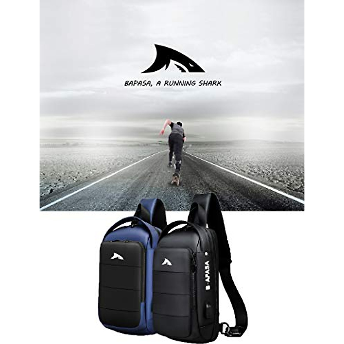 BAPASA Men Sling Crossbody Bag Compact Shoulder Waterproof Sling Bag USB Casual Sport Lightweight Backpack (BLACK)