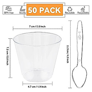 UNFIYEO 50 Pack 5 oz Plastic Dessert Cups with Spoons, Mini Mousse Cup Round Pudding Cups Party Serving Bowl for Cocktails Appetizers Fruit Parfait and Trifle