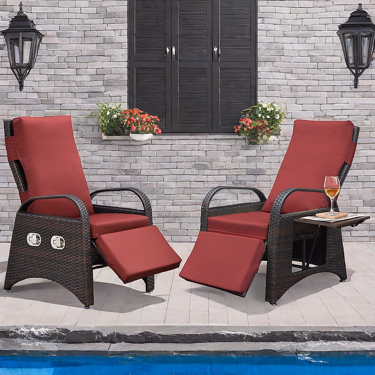 Art to Real Outdoor Recliners Set of 2 Patio Recliner Chair, Adjustable Reclining Lounge Chair and Removable Soft Cushion, Flip-up Side Table, Recliner Chair, Red