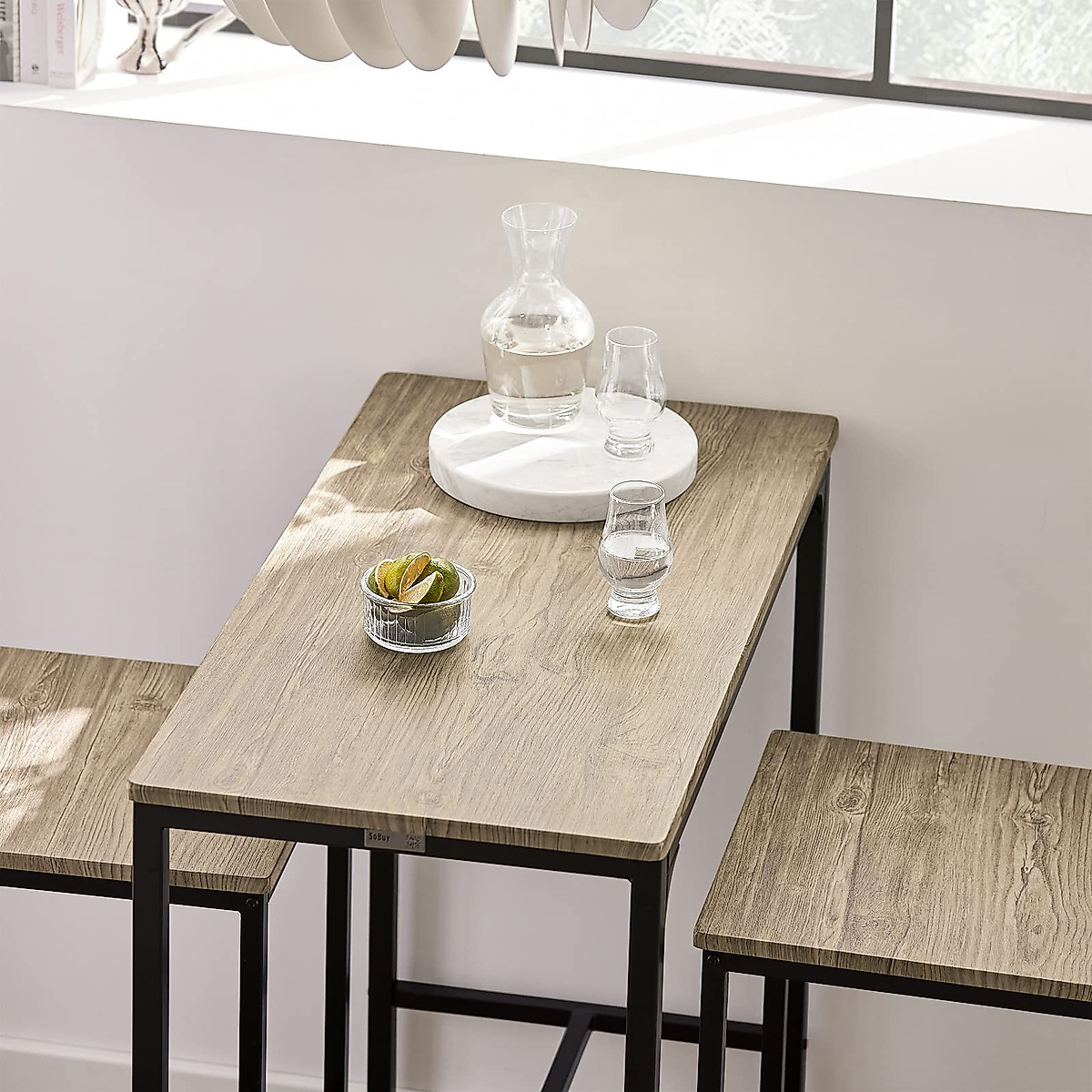 Haotian SoBuy 3 Piece Dining Set, Dining Table with 2 Stools, Bar Table Set, Home Kitchen Counter Breakfast Table, Bar Table with 2 Bar Chairs, Natural OGT03-N