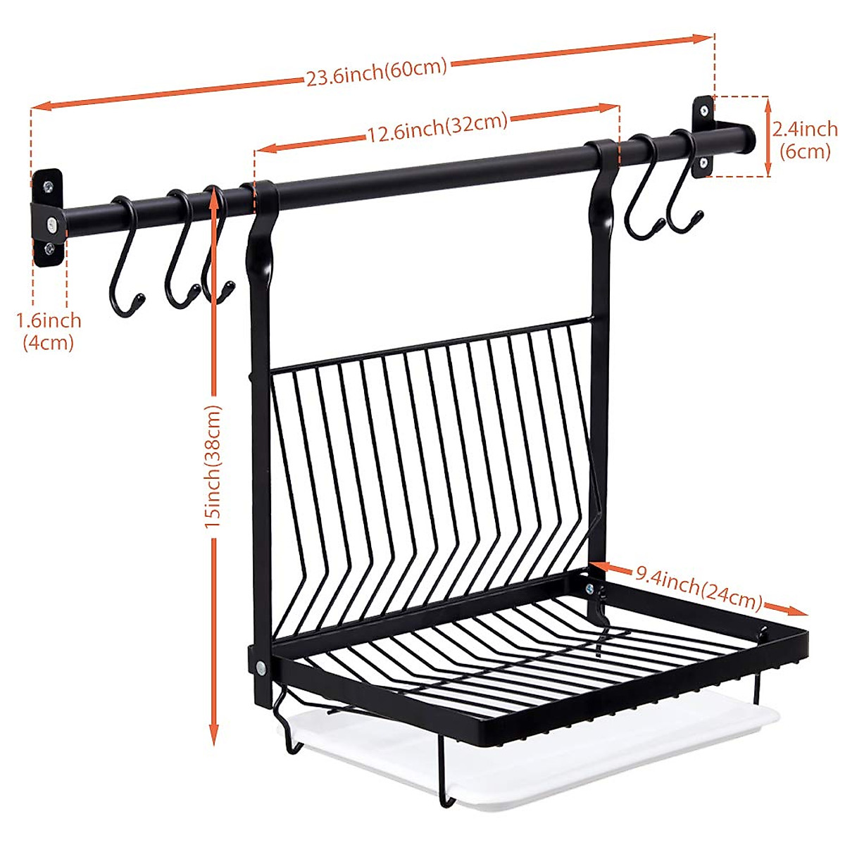EZOWare Kitchen Wall Mount Utensil Holder Organizer Set, 23.6 ich Hanging Rail Rod, Foldable Dish Rack with Drain Board and 5 S Hooks for Hanging Plates, Pots, Pans, Lids, Utensils - Black