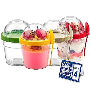 Crystalia Yogurt Parfait Cups with Lids, Breakfast On the Go Plastic Bowls with Topping Cereal Oatmeal Salad or Fruit Container with Spoon for Snack Box, Reusable Set of 4 (Small 17 oz)