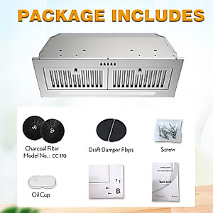 FIREGAS Range Hood Insert 30 inch, 600 CFM Ducted/Ductless Convertible Kitchen Hood with LED Light, Built-in Vent Hood with 3 Speed Exhaust Fan, Baffle Filters, Stove Hood with Carbon Filters