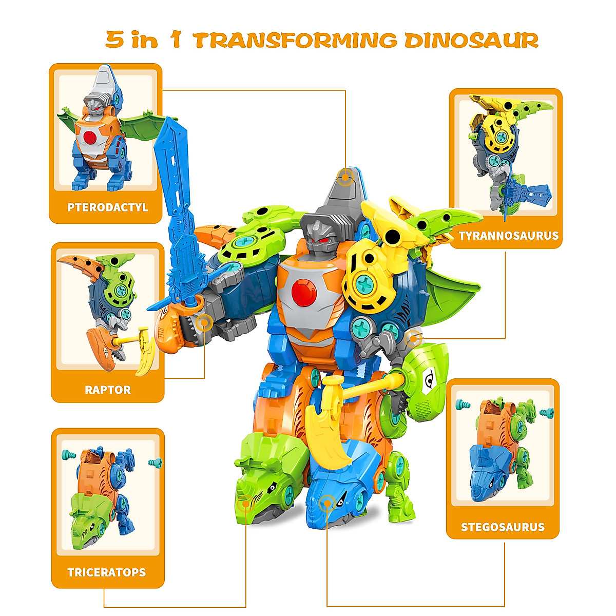 Children's Day Take Apart Robot Toy 5 in 1 Transformer Dinosaur Toys Screwdriver Transforming T-rex Building Toy STEM Educational Construction Transform Gifts for Kids Boys Girls 3 4 5 6 7 Years Old