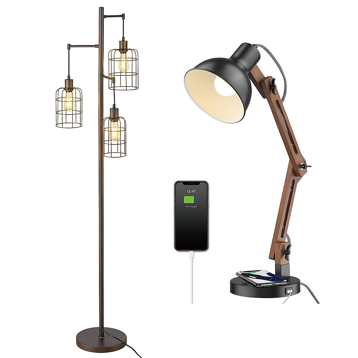 ELYONA Upgraded Industrial Dimmable Floor Lamp & Wood Desk Lamp with Wireless Charging & USB Port, Swing Arm, LED Bedside Table Lamp for Bedroom, Adjustable Reading Task Lights for College Dorm