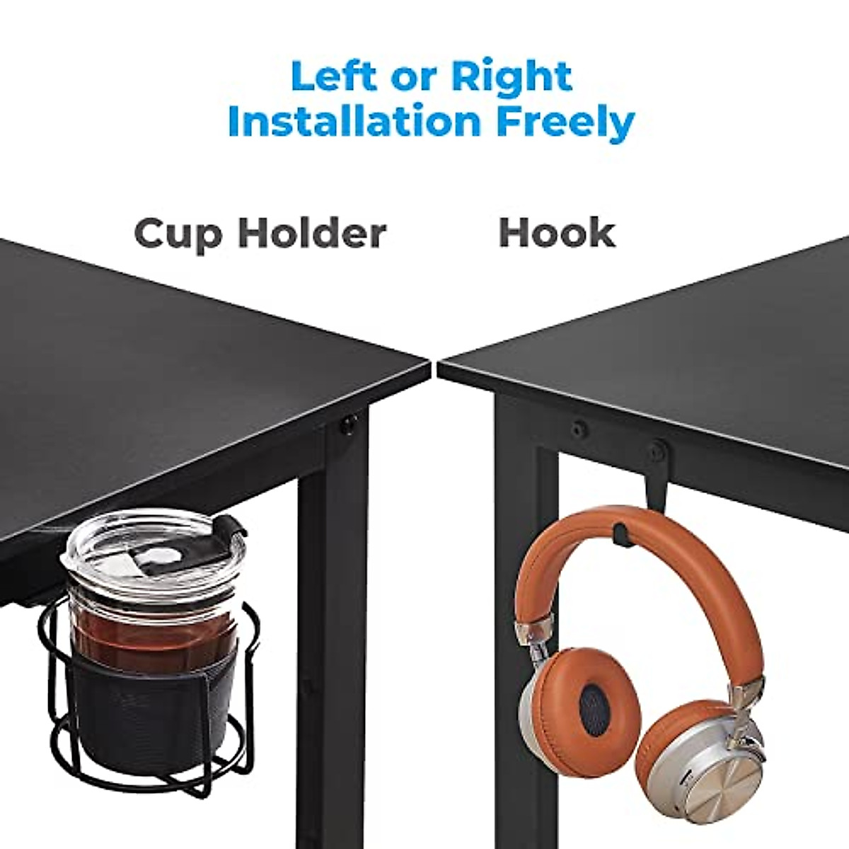 GreenForest Computer Desk with USB Charging Port and Power Outlet, Home Office Desk with Monitor Stand and Reversible Storage Shelves for Small Space, 47 inch Work Desk with Cup Holder and Hook, Black