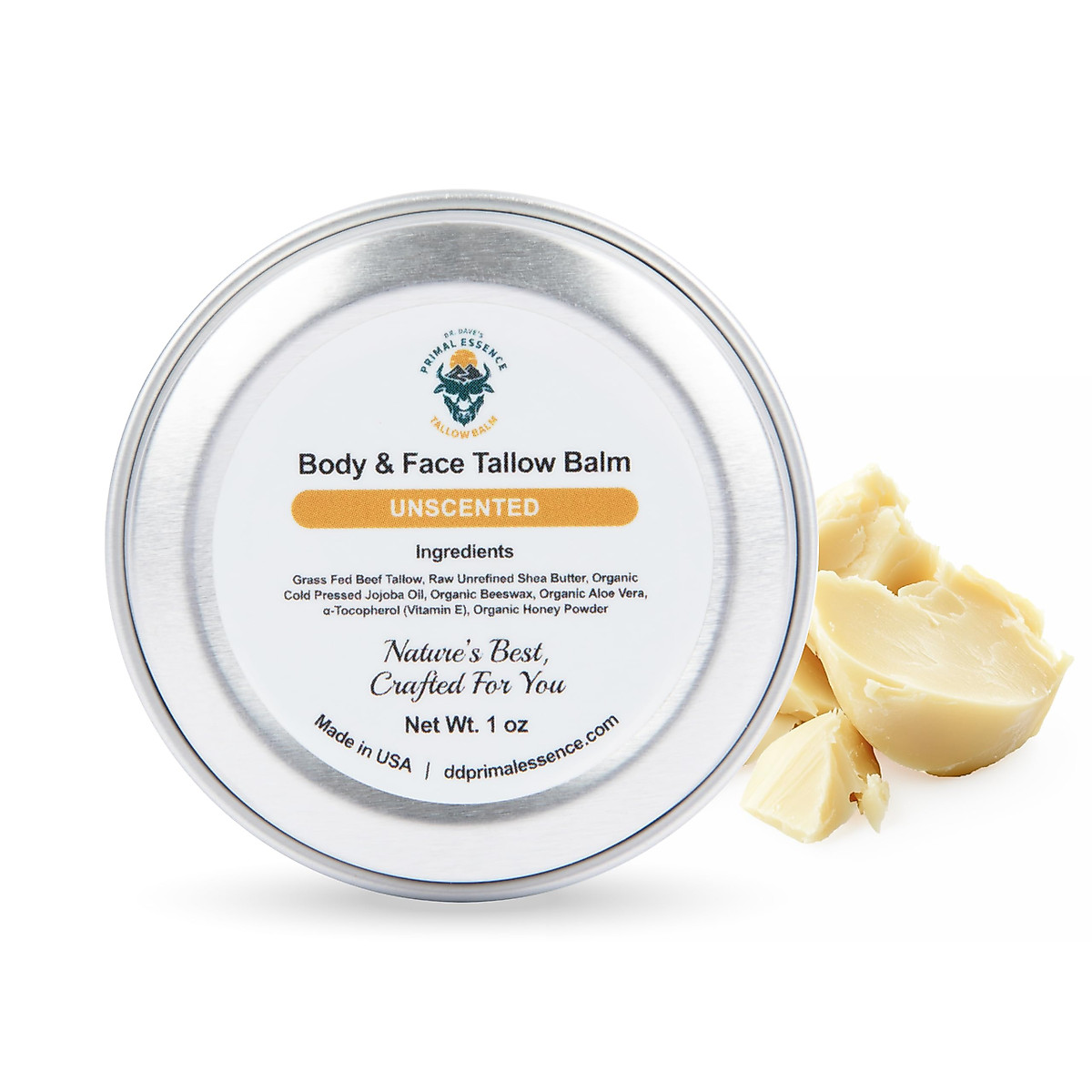 Dr. Dave's Primal Essence Grass Fed Beef Tallow for Skin - Tallow Balm with Shea Butter, Organic Jojoba Oil, Honey, Beeswax - Face and Body Moisturizer - Unscented - 1 oz