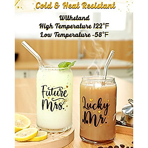 Nefelibata Future Mrs. Lucky Mr. Coffee Cups Beer Can Glasses Set of 2 Engagement Gifts Cup Wedding Bride Groom for Cocktail Juice Large 16 oz Drinking Glass Mason Jar For Couple Wife Husband Woman