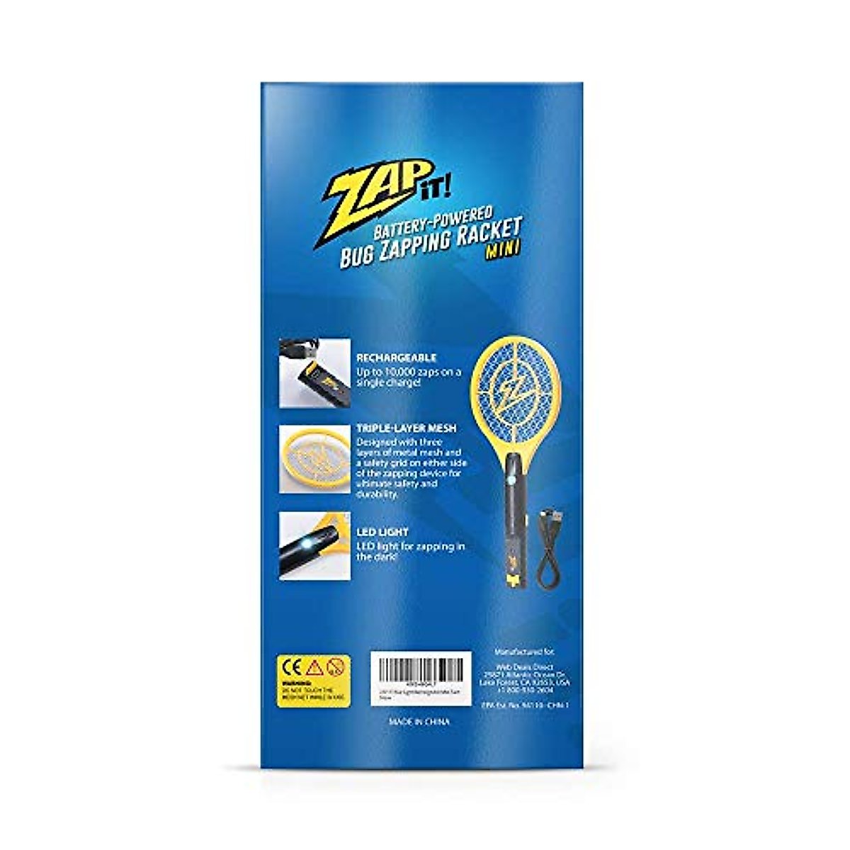 ZAP IT! Bug Zapper Rechargeable Bug Zapper Racket W/ Blue Light Attractant, 4,000 Volt, USB Charging Cable