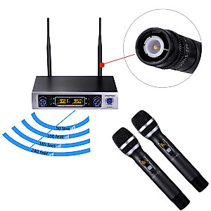 HOTEC Wireless Microphone System, Metal Dual UHF Cordless Dynamic Handheld Microphone for Home Karaoke, Meeting, Party, Church, DJ, Wedding (H-K26)
