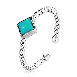 Qings Turquoise Ring Adjustable Open - Sterling Silver Stackable Statement Ring Blue Square Gemstone Twisted Rope Ring Vintage Boho Women Fashion Ring Western Wedding Jewelry Gifts