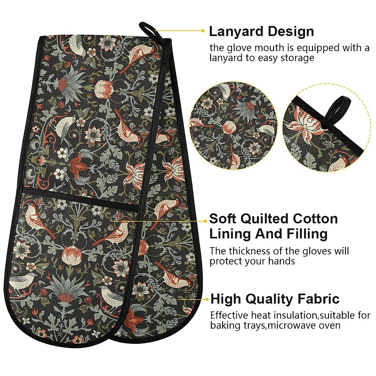 Double Oven Mitt William Morris Vintage Flowers Kitchen Oven Gloves for Everyday Cooking and Baking