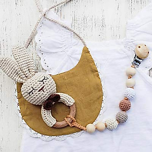 Natural Crochet Teether Toy Rattle for Baby Forest Friends Handmade Amigurumi Crochet Bunny Deer Fox on Natural Wooden Teething Ring Rattle Natural Baby Toys (Organic Bunny)