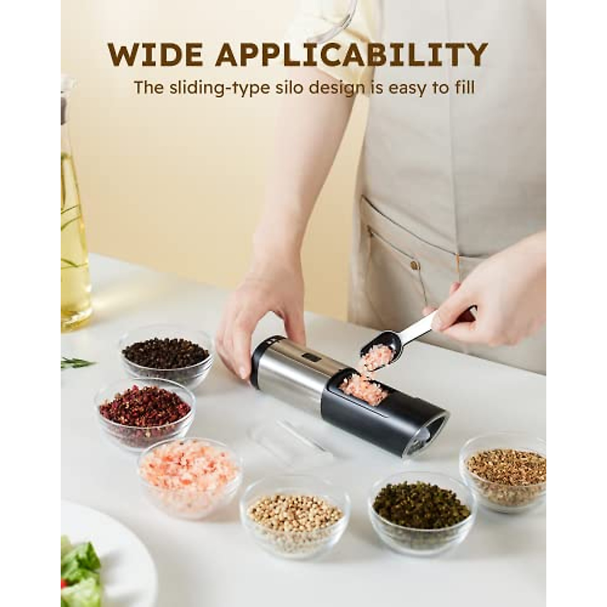 Sangcon Electric Salt and Pepper Grinder Mill Set, Safety & Gravity Switch, Battery Powered with LED Light, Adjustable Coarseness, One Hand Automatic Operated Kitchen Gadgets, Stainless Steel, 2 Pack