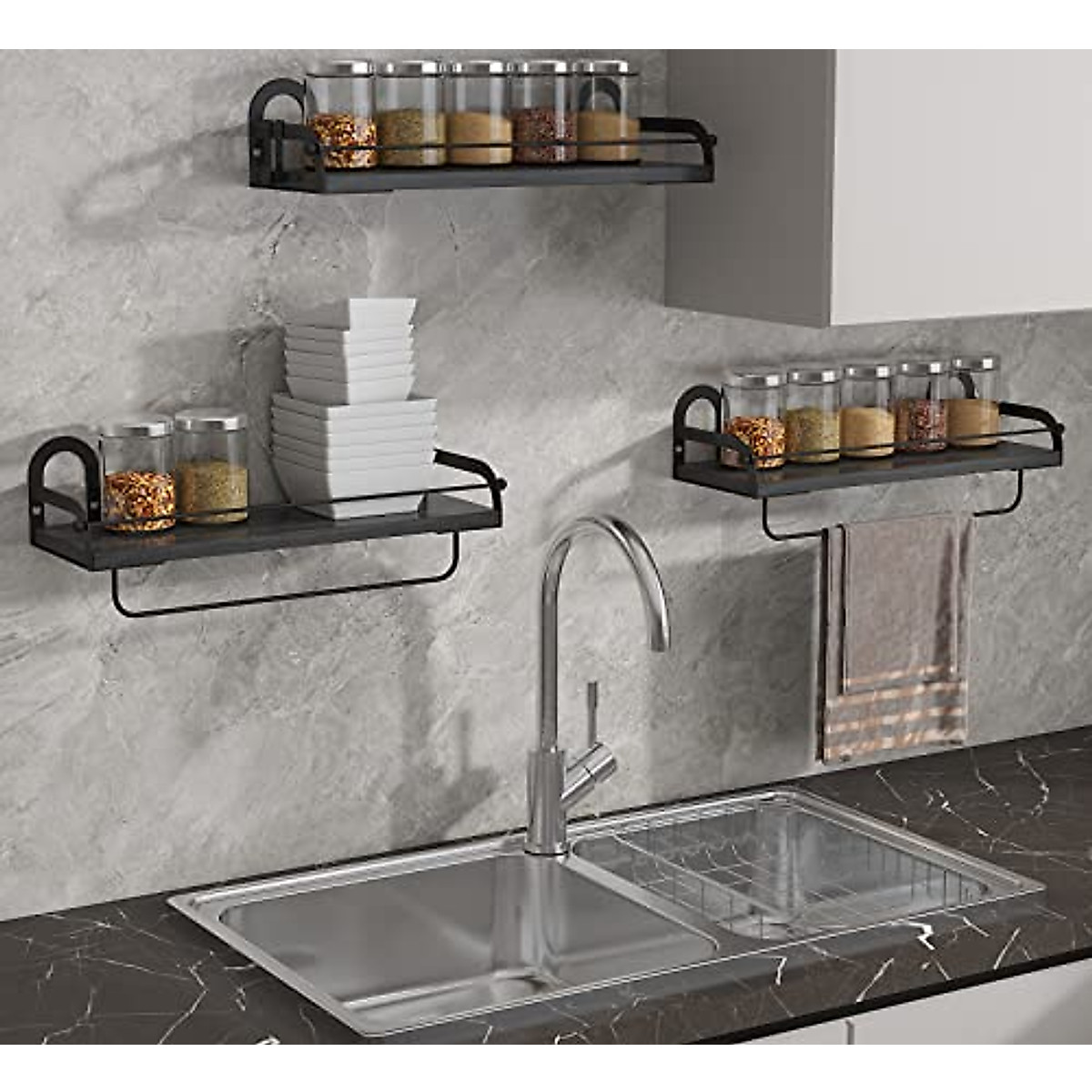 JIANGBAI 15.7inchX2 Wall Shelves for Bedroom , Floating Wall Shelves for Living Room Kitchen , Wall Mounted Rustic Wood Floating Shelves for Books, Small Shelf for Bathroom, Laundry Room (Black)