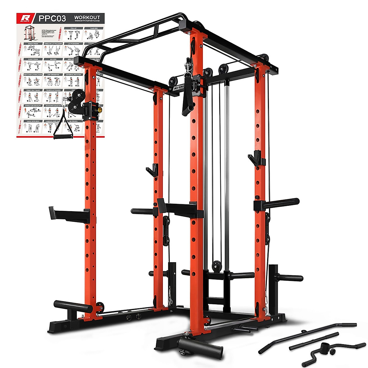 RitFit Multi-Function Power Rack Cage PPC03 with Adjustable Cable Crossover System,1000LBS Capacity, Full Home Gym Workout with J-Hook, Landmine and Other Attachments-Orange
