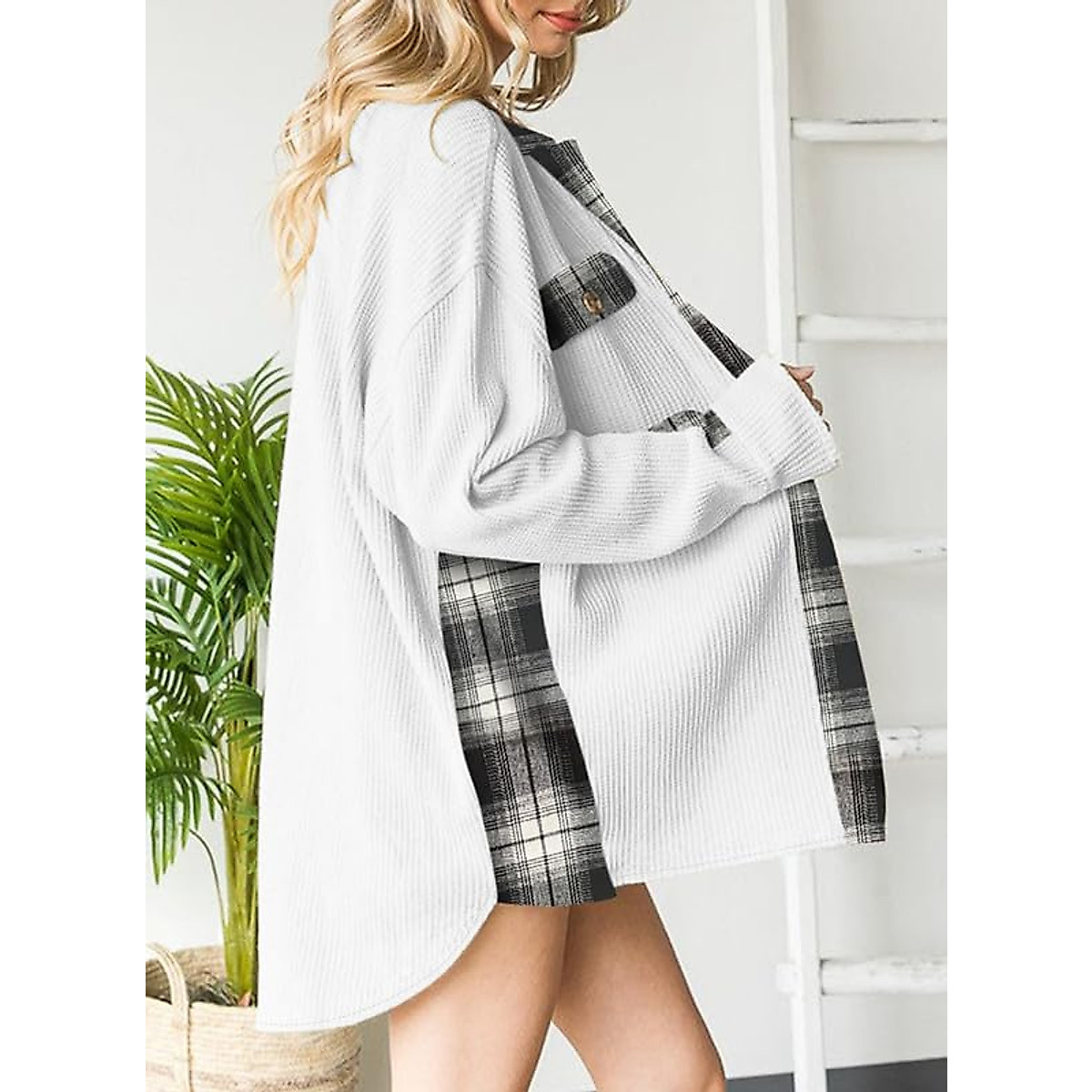 SHEWIN Womens Waffle Knit Plaid Shacket Button Down Shirts Jacket Boyfriend Shirts Long Sleeve Tops Fall Clothes for Women 2024 White S